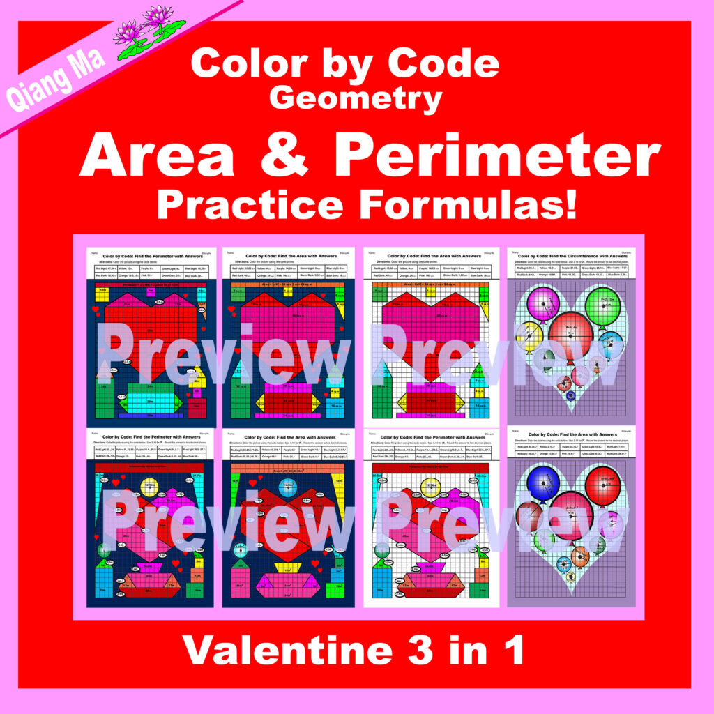 Valentine Color by Code: Area and Perimeter: Practice Formulas 3 in 1 ...