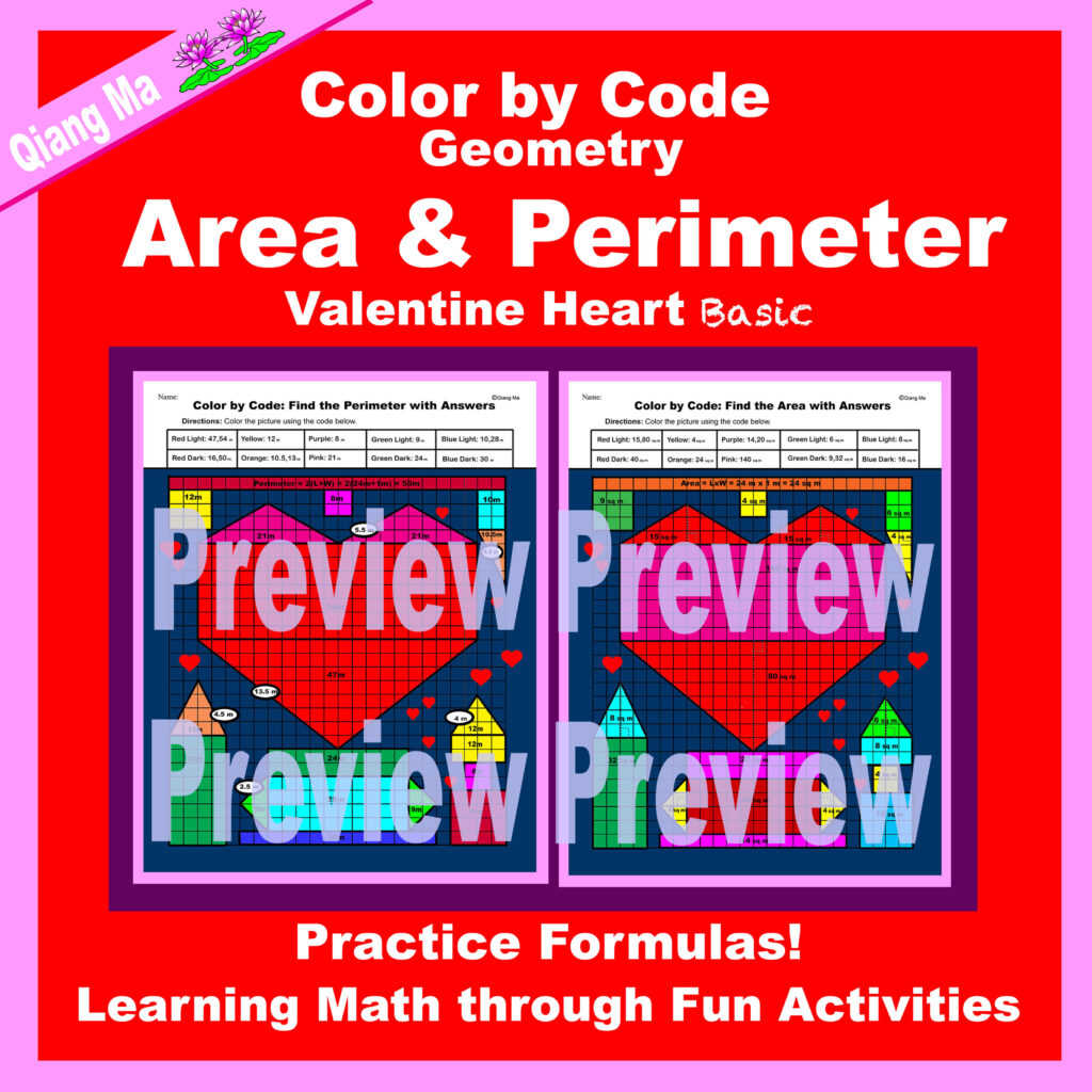 Valentine Color by Code: Area and Perimeter: Practice Formulas Basic ...