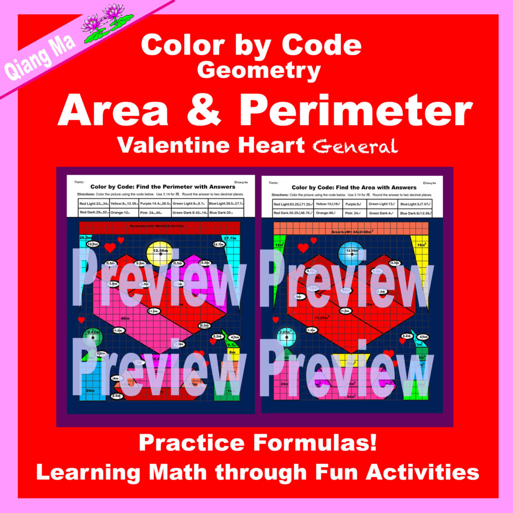 Valentine Color by Code: Area and Perimeter:Practice Formulas General ...