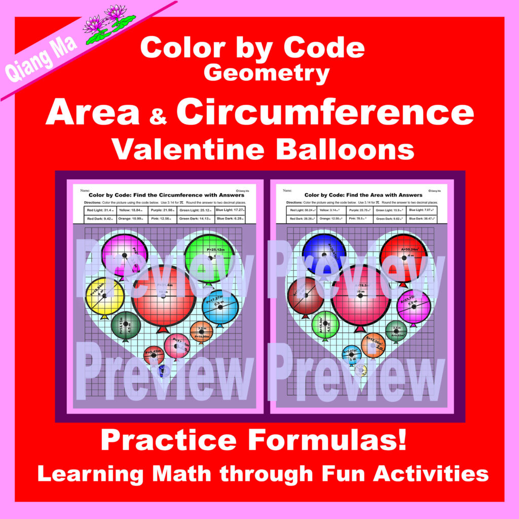 Valentine Color by Code: Area and Circumference: Practice Formulas ...