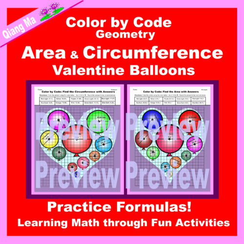 Valentine Color by Code: Area and Circumference: Practice Formulas ...