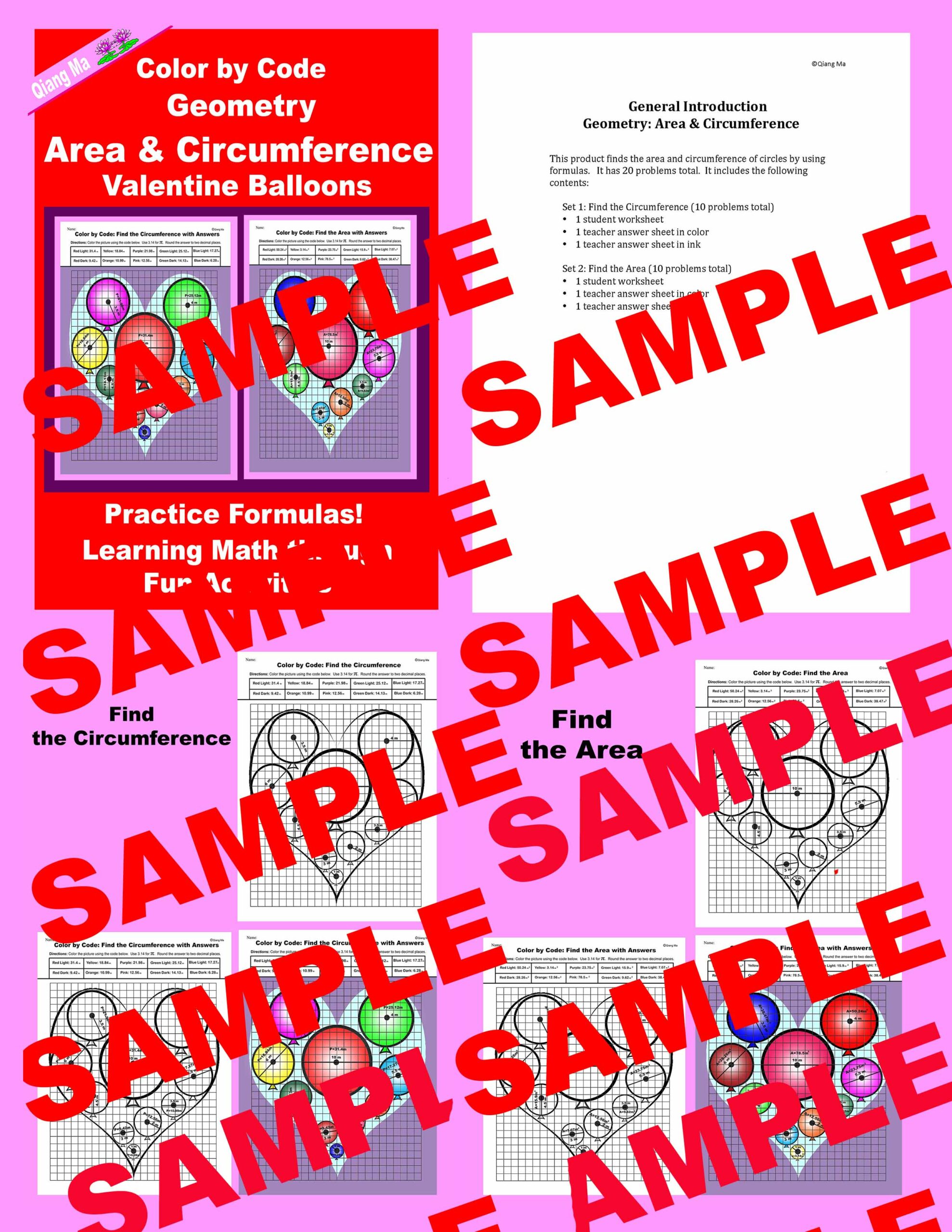 Valentine Color by Code: Area and Circumference: Practice Formulas ...