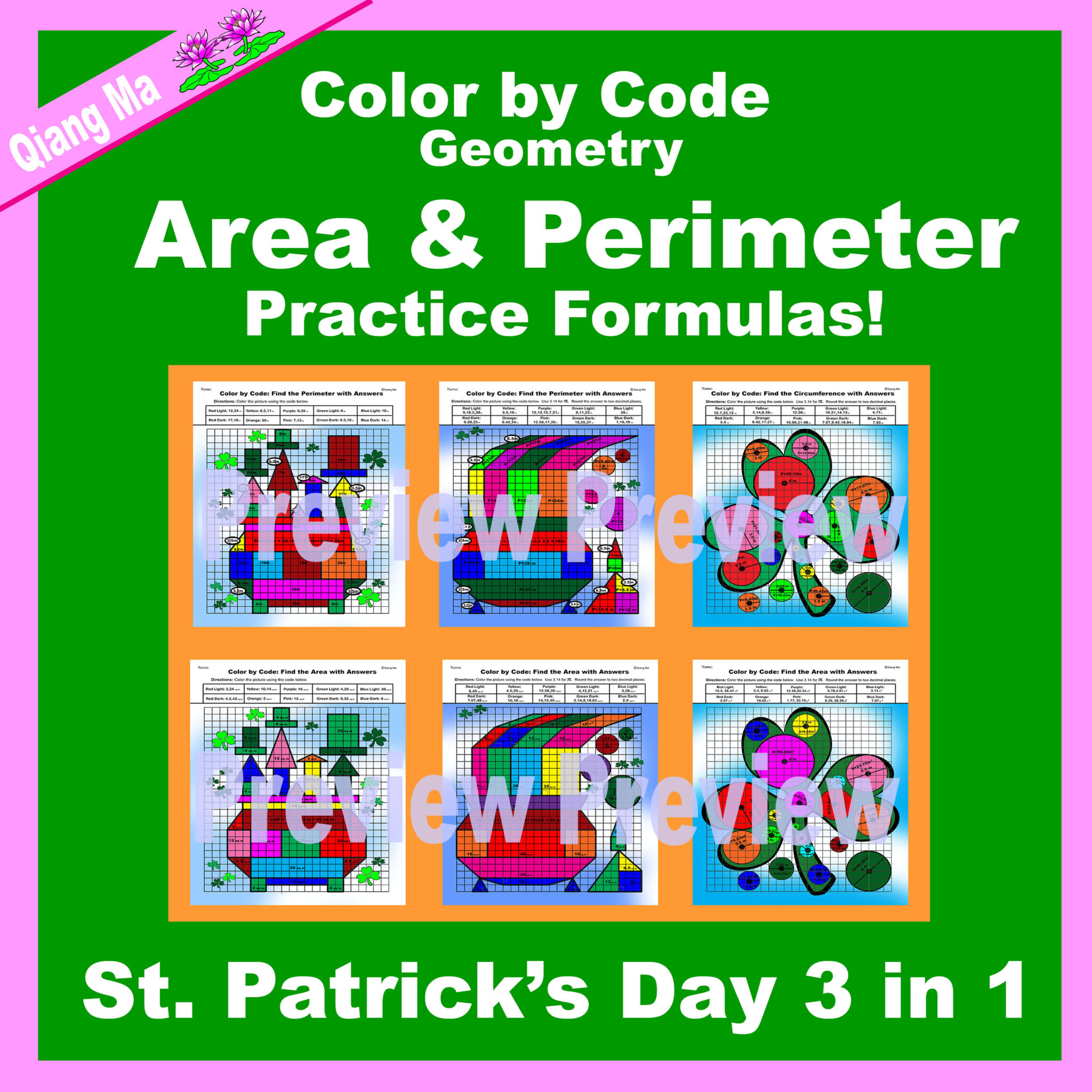 St. Patrick's Day Color by Code: Area and Perimeter:Practice Formulas ...