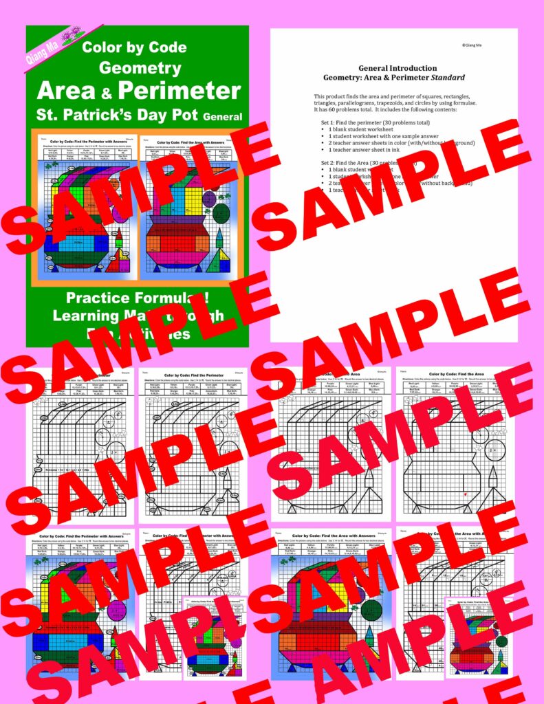St. Patrick's Day Color by Code:AreaPerimeter:PracticeFormulasGeneral ...