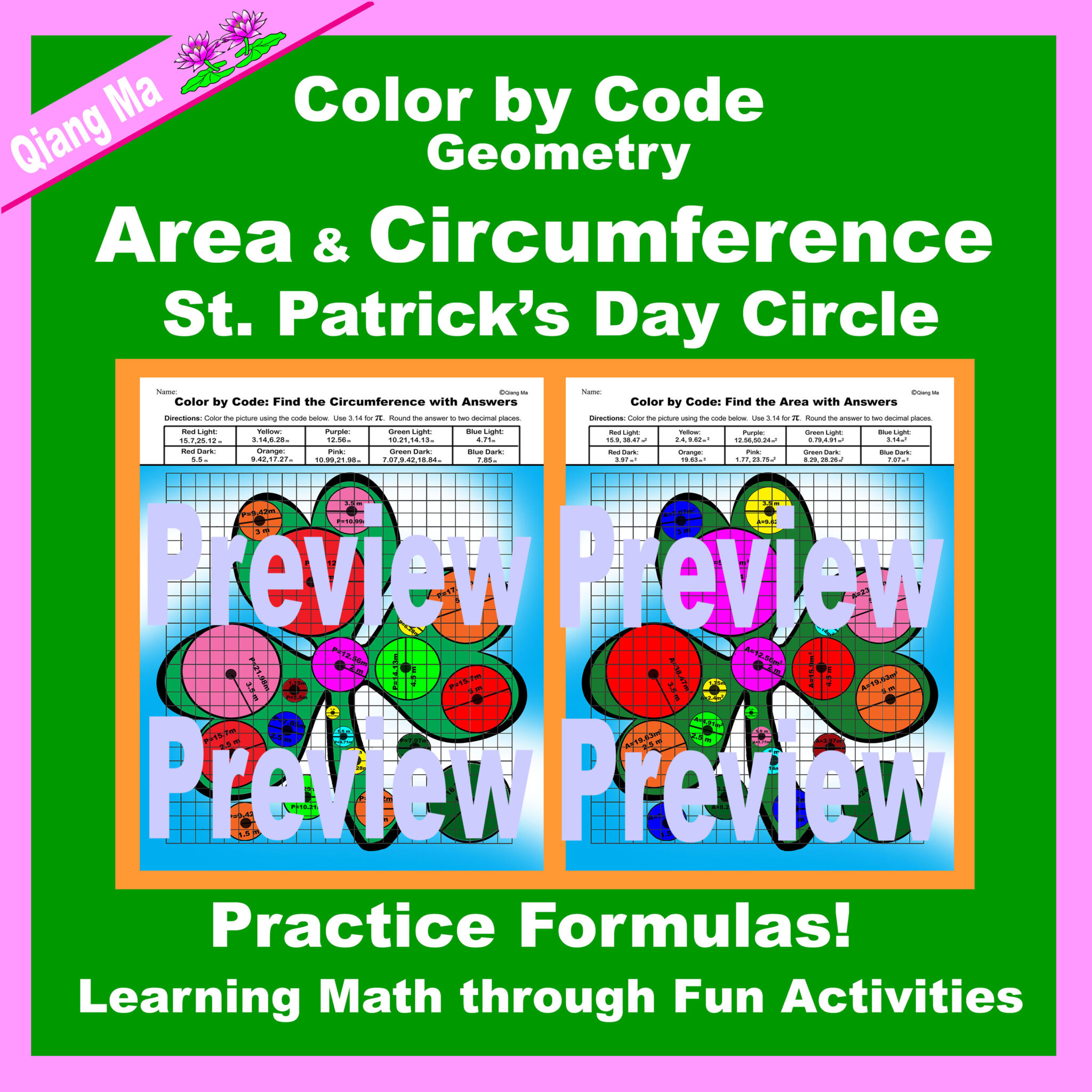St. Patrick's Day Color by Code: AreaCircumference:PracticeFormulas ...