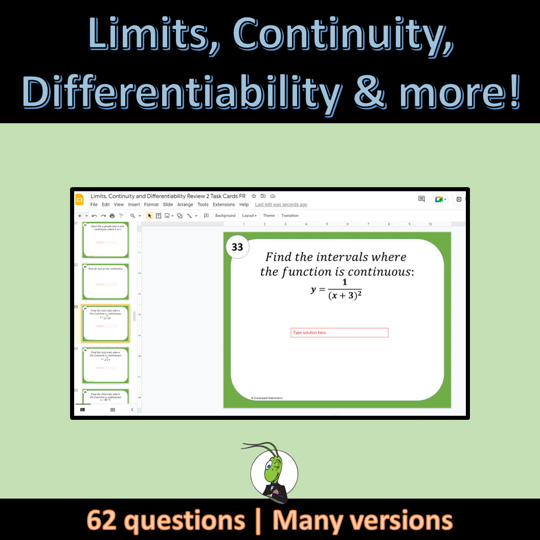 Limits, Continuity, Derivatives 2 Calculus Task Cards Google | Made By ...
