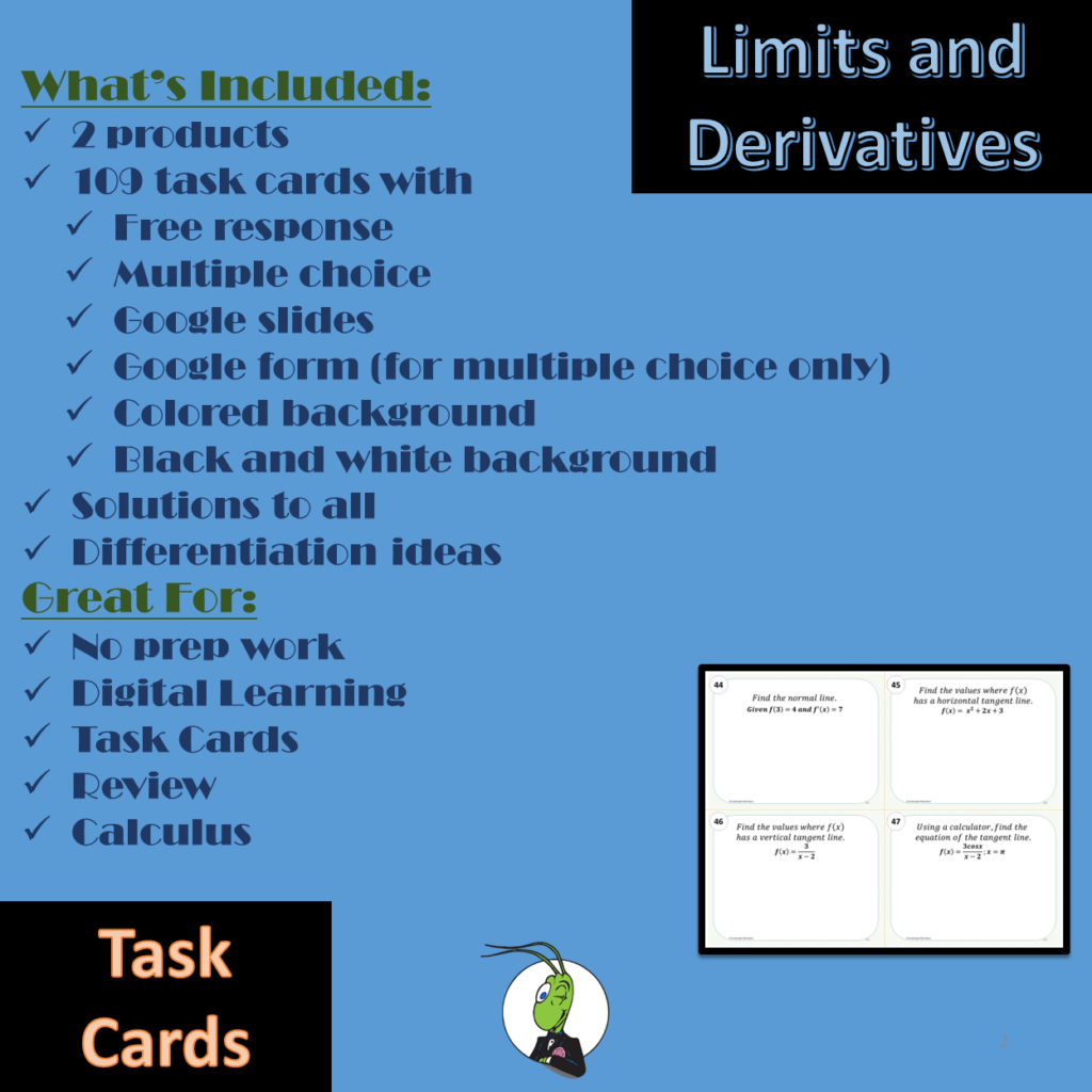 Limits, Continuity, Derivatives Task Cards Calculus | Precalculus ...
