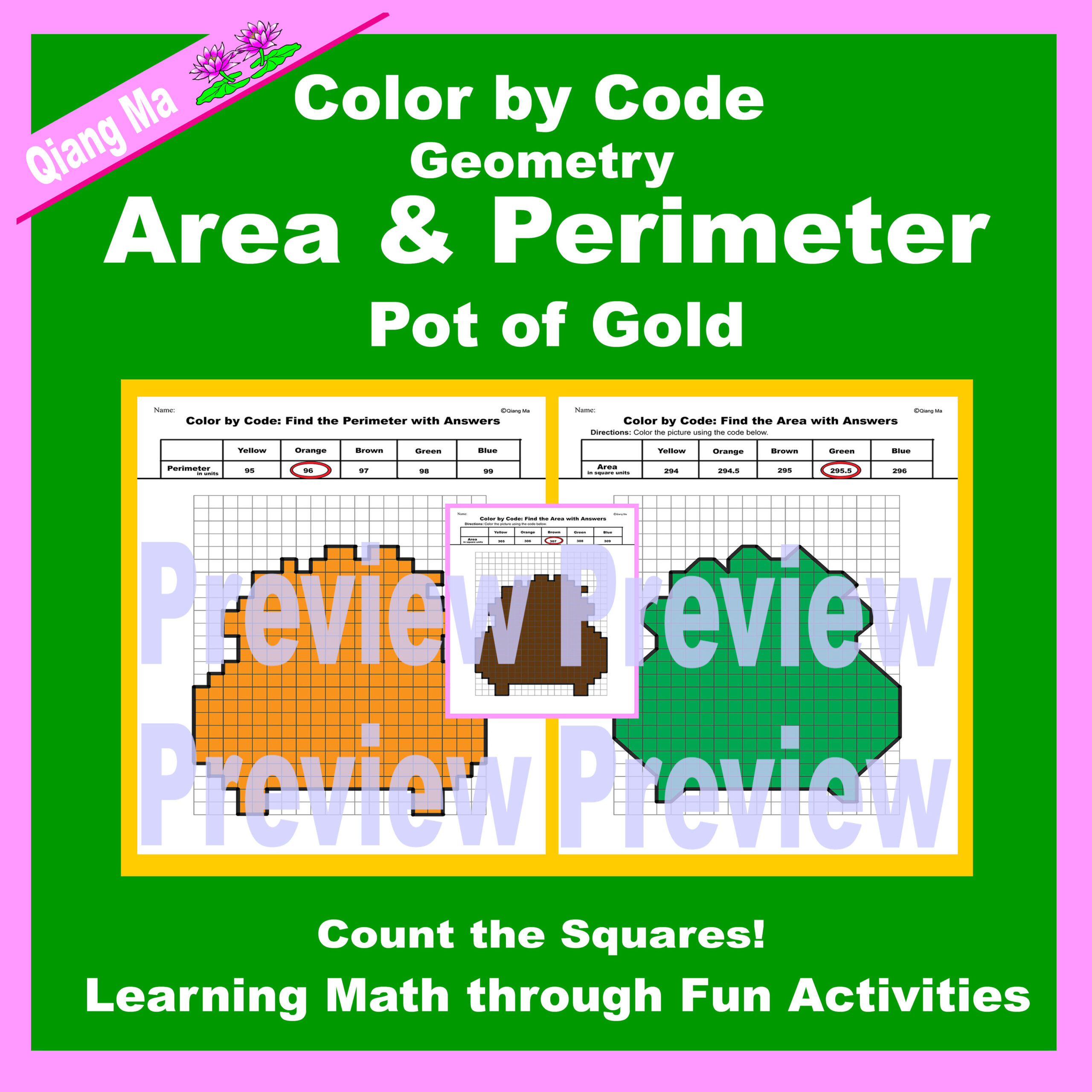 St. Patrick's Day Color by Code: Area and Perimeter: Count Squares ...