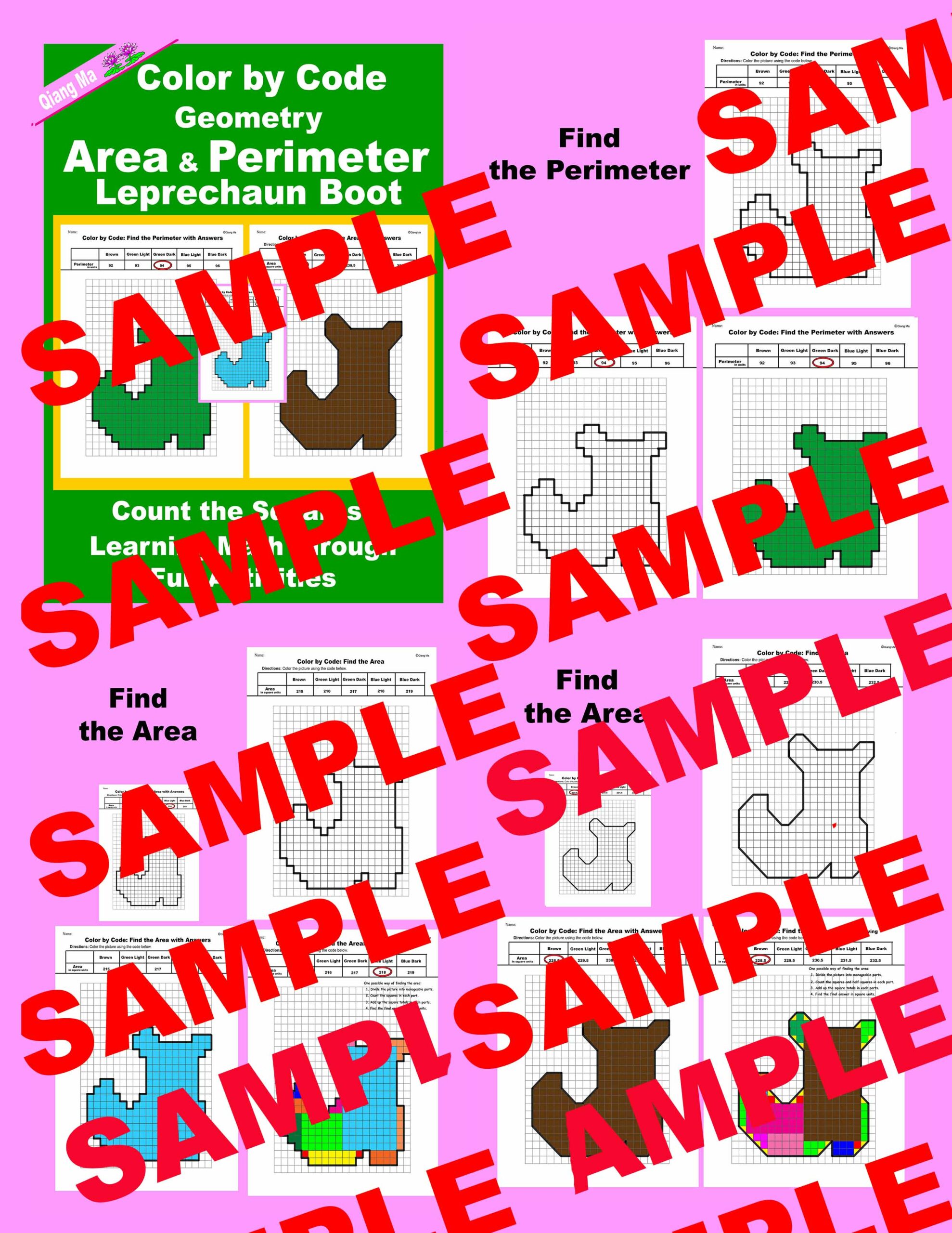 St. Patrick's Day Color by Code:Area and Perimeter:Count Squares:Boot ...