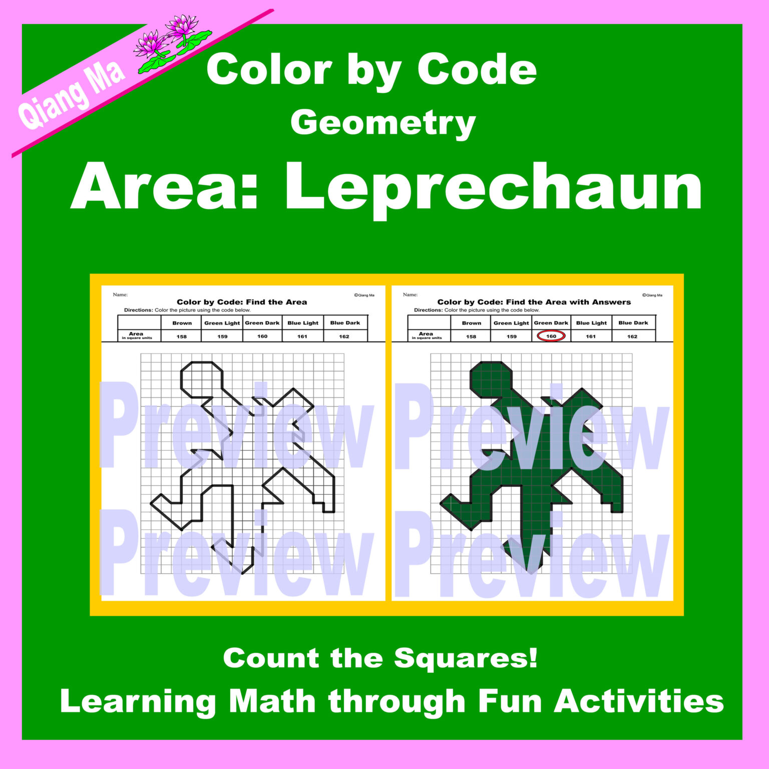 St. Patrick's Day Color by Code: Area: Count Squares: Leprechaun | Made ...