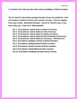St. Patrick's Color by Code Fractions: Add, Subtract, Multiply, Divide ...