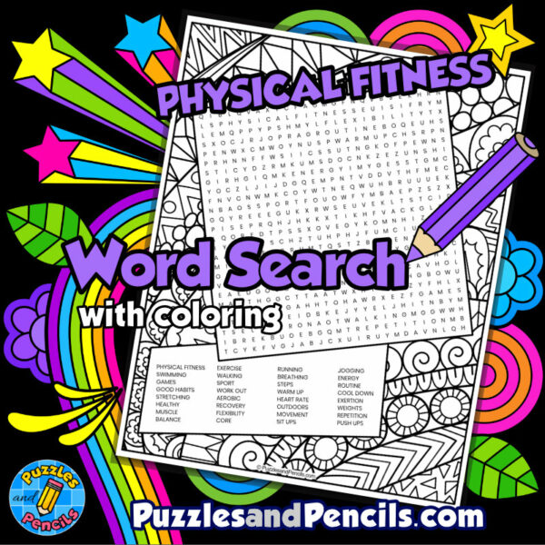 Physical Fitness Word Search Puzzle Activity Page with Coloring ...