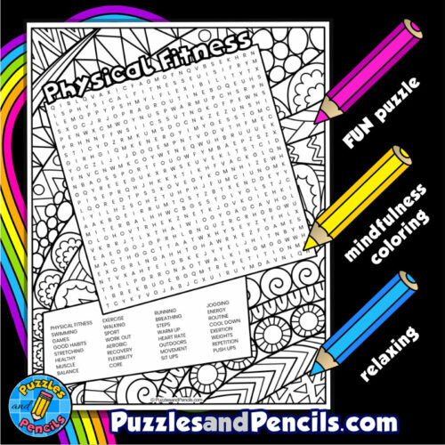 Physical Fitness Word Search Puzzle Activity Page with Coloring ...