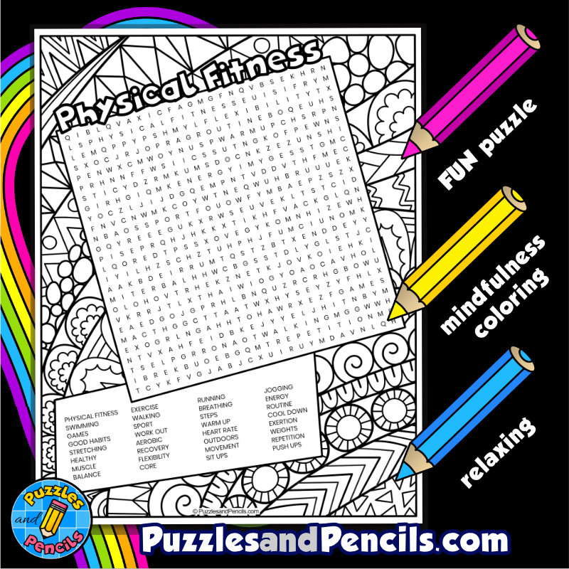 Physical Fitness Word Search Puzzle Activity Page with Coloring ...