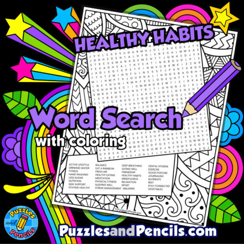 Healthy Habits Word Search Puzzle Activity Page with Coloring ...