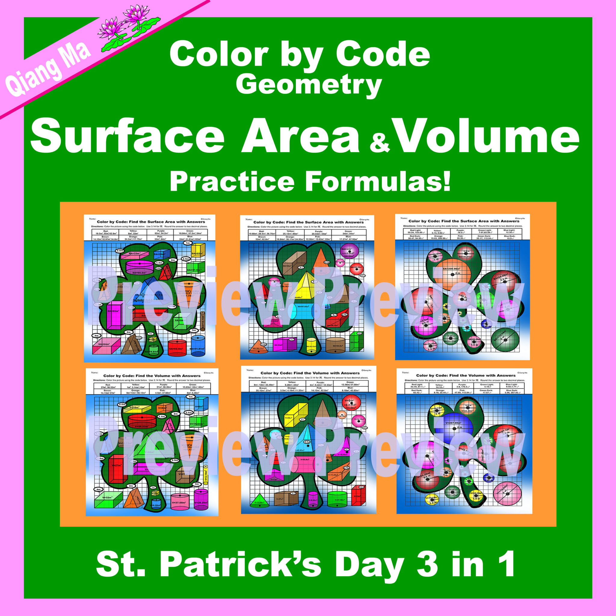 St. Patrick Color by Code: Surface Area and Volume: Practice Formulas ...