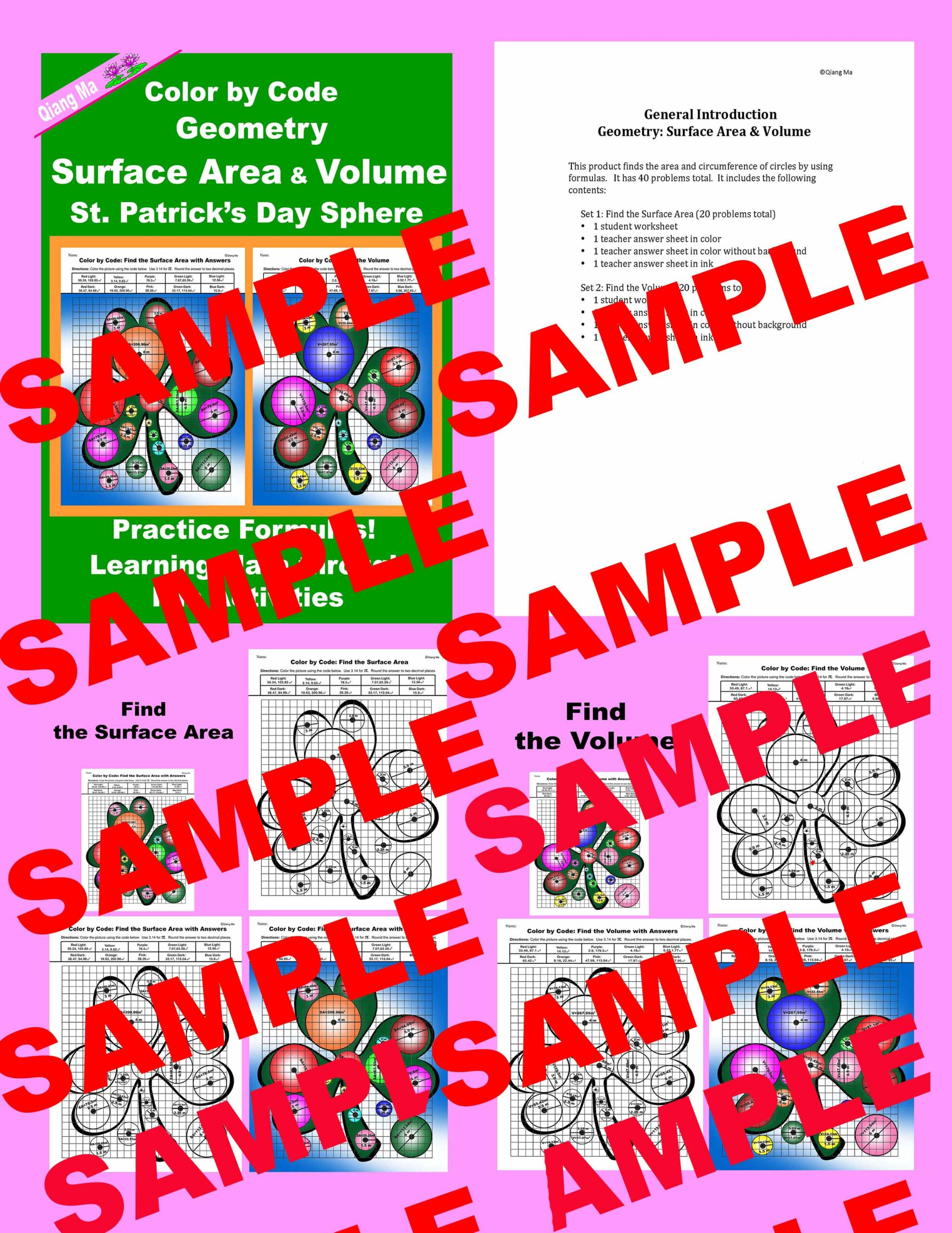 St. Patrick's Day Color by Code: Surface Area and Volume: Sphere | Made ...