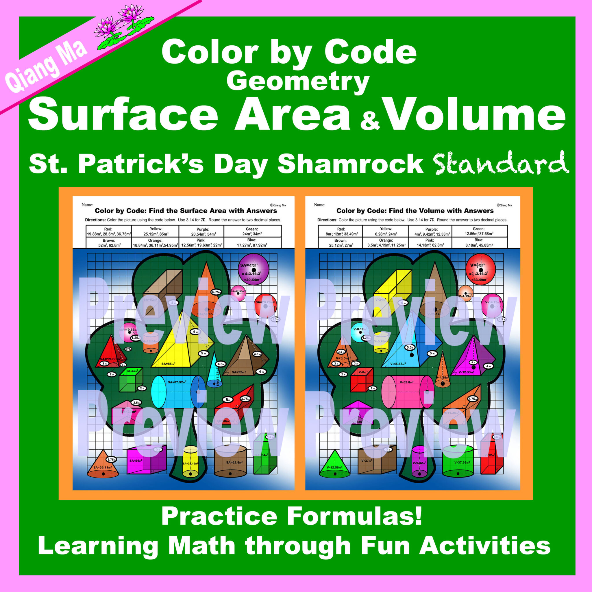 St. Patrick's Day Color by Code: Surface Area and Volume Std: Shamrock ...
