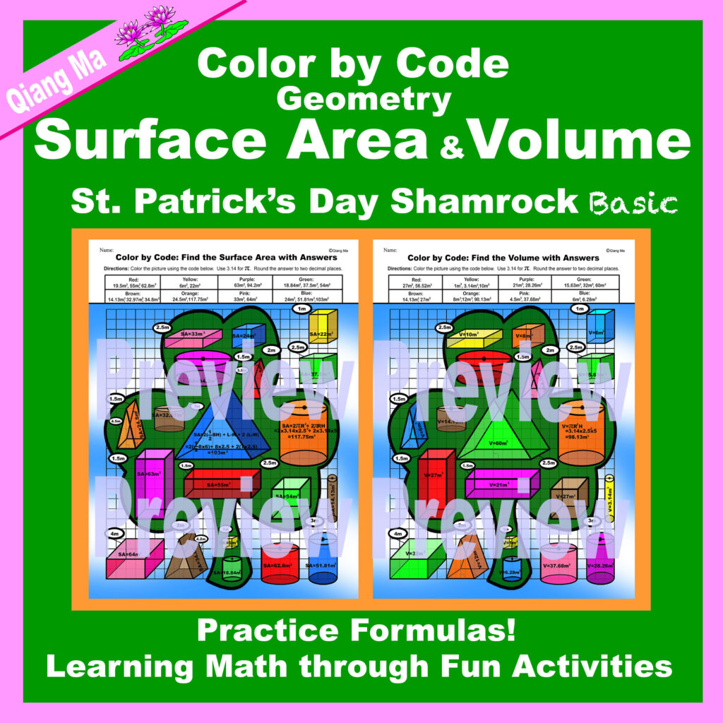 St. Patrick's Day Color by Code: Surface Area and Volume Basic ...