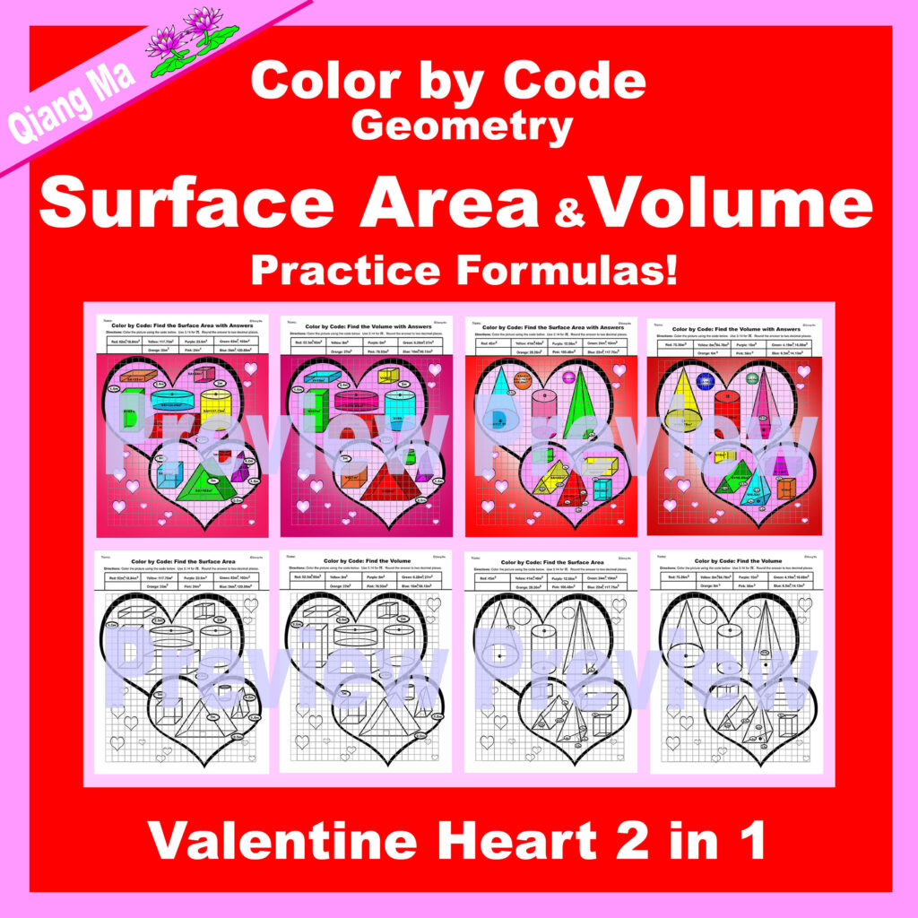 Valentine Color by Code: Surface Area and Volume 2 in 1: Practice ...