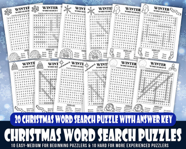 Printable 20 Winter Word Search Puzzle For Kids, PDF Fun Winter Party ...