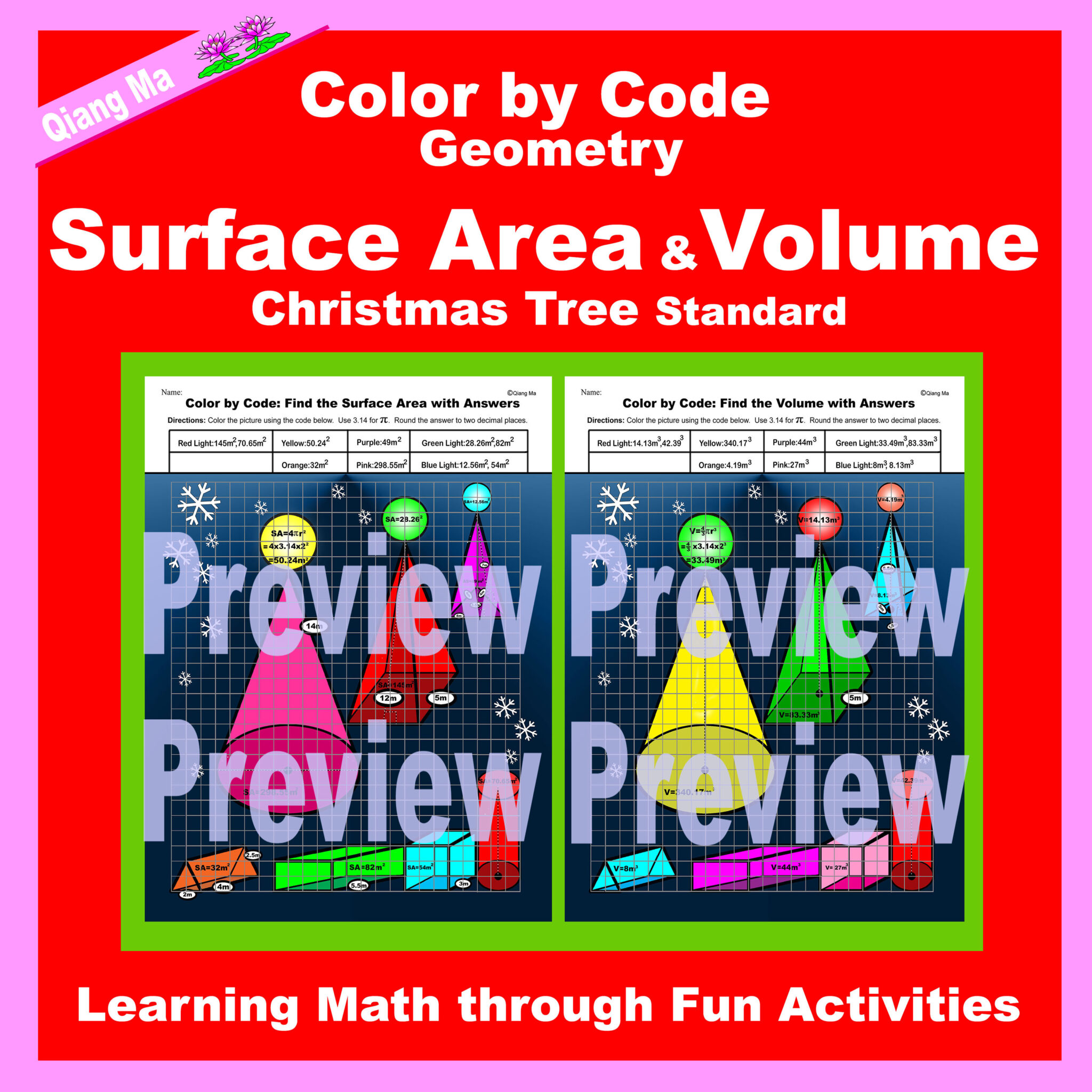 Christmas Color by Code: Surface Area and Volume: Christmas Tree ...