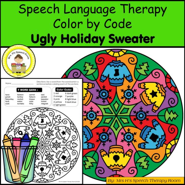 Ugly Holiday Sweater Speech Therapy Color By Code Grab and Go Activity ...