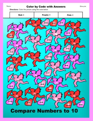 Valentine Color by Code: Compare Numbers to 5, 10, 20, & 100: Cupid ...