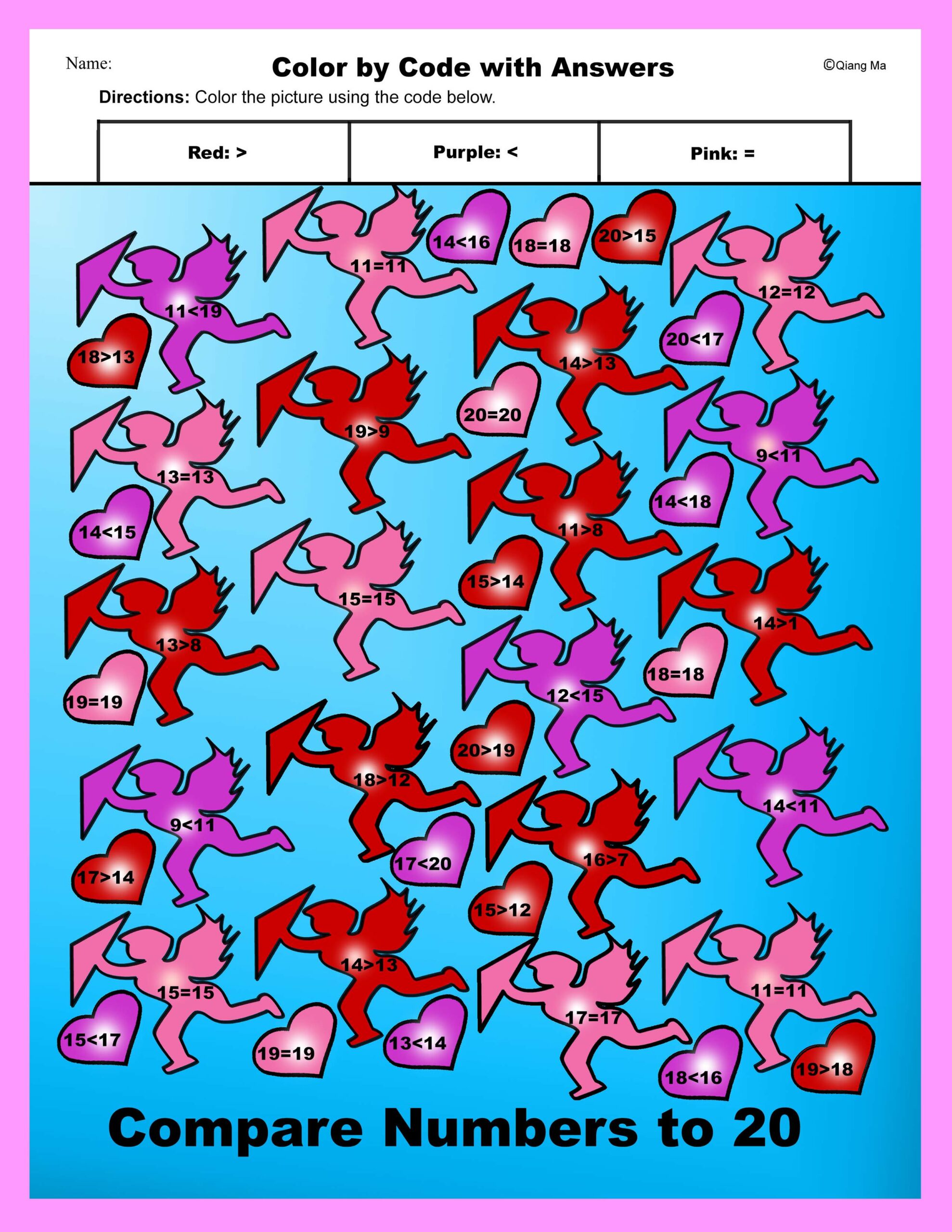 Valentine Color by Code: Compare Numbers to 5, 10, 20, & 100: Cupid ...