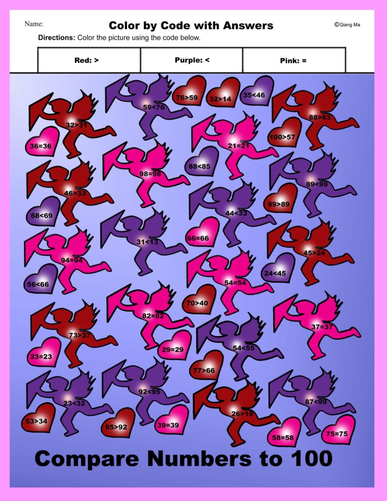 Valentine Color by Code: Compare Numbers to 5, 10, 20, & 100: Cupid ...