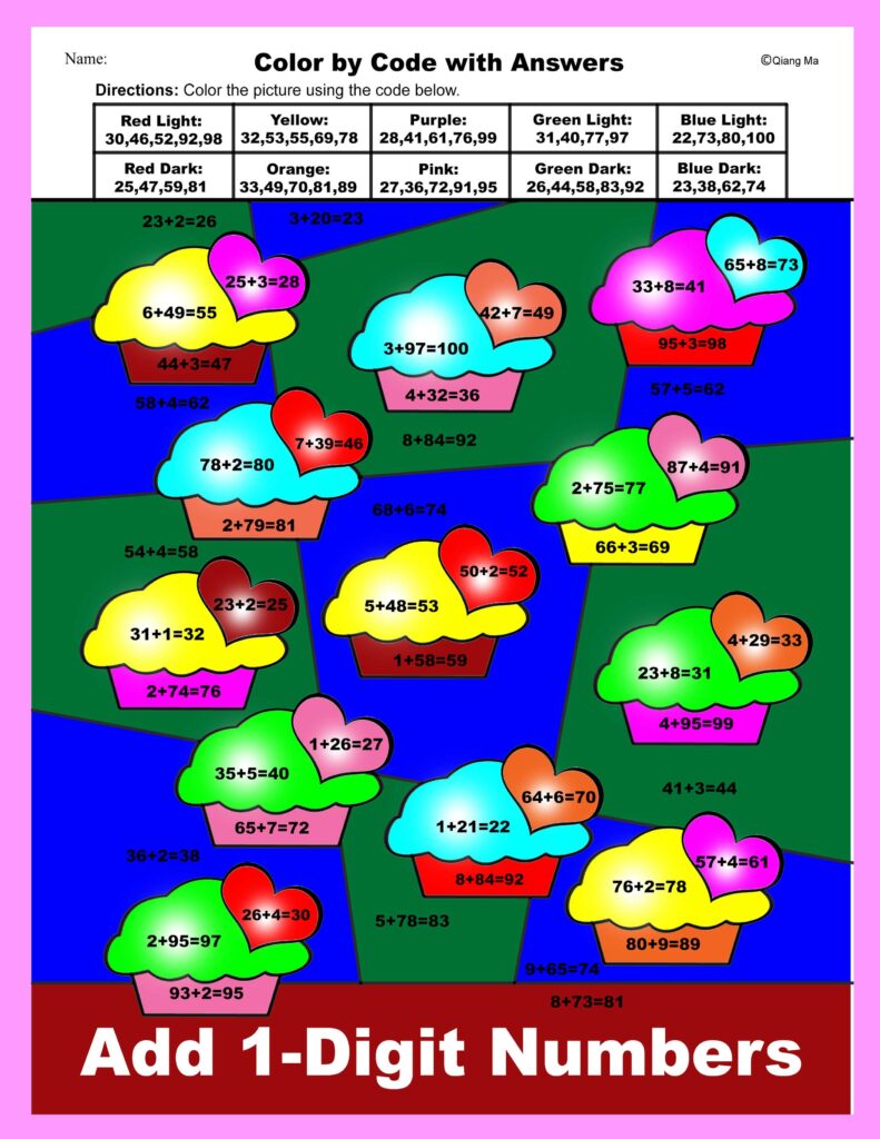 Valentine Color by Code: Add and Subtract to 100: Cupcake | Made By ...