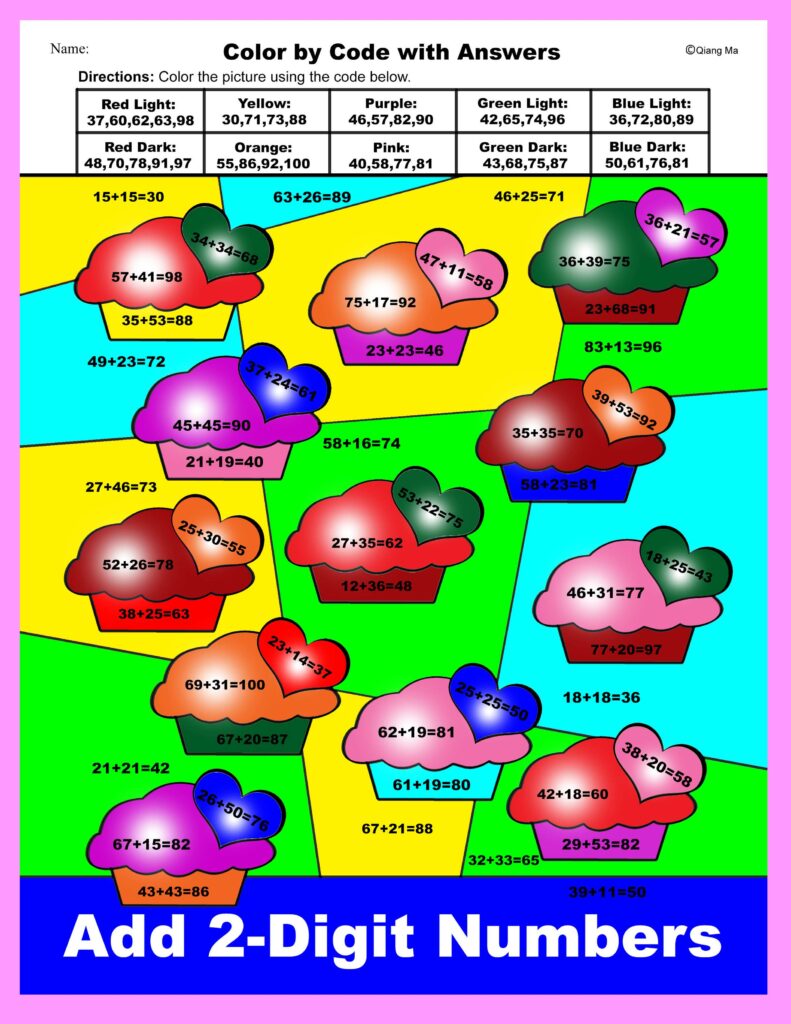 Valentine Color by Code: Add and Subtract to 100: Cupcake | Made By ...