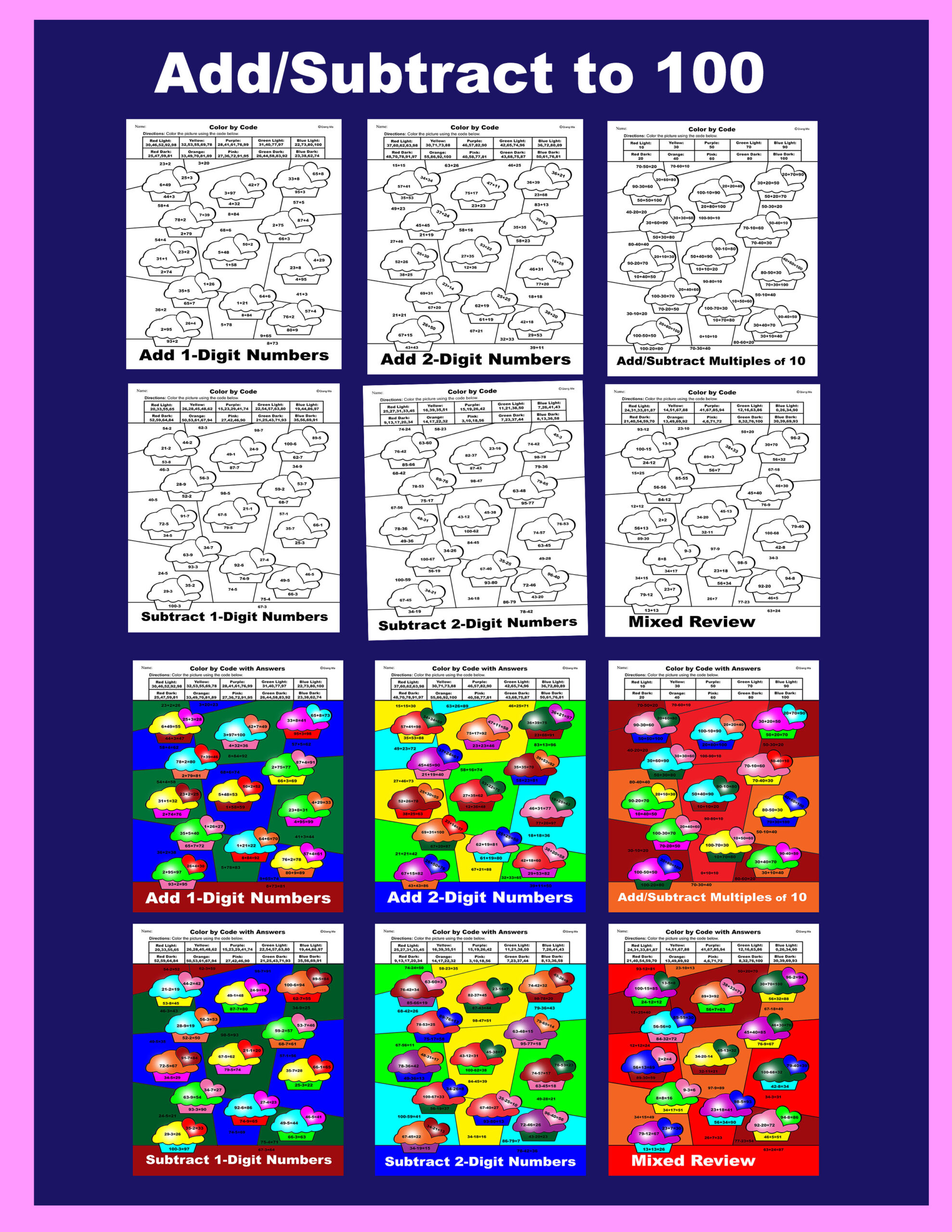 Valentine Color by Code: Add and Subtract to 100: Cupcake | Made By ...