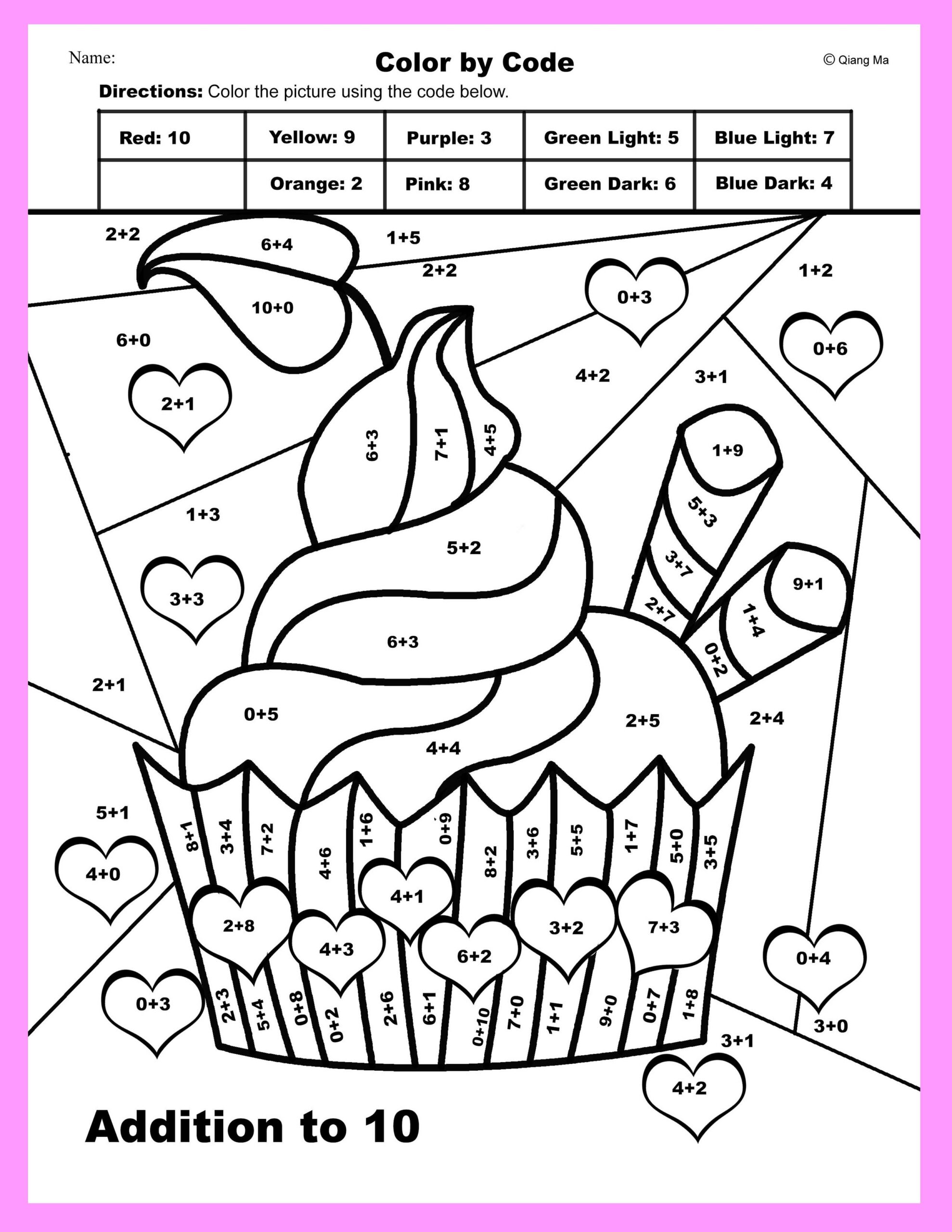 Valentine Color by Code: Add and Subtract within 10: Cupcake | Made By ...