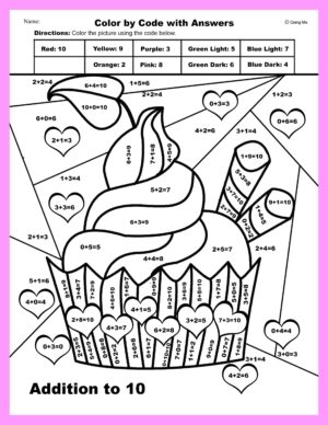Valentine Color by Code: Add and Subtract within 10: Cupcake | Made By ...