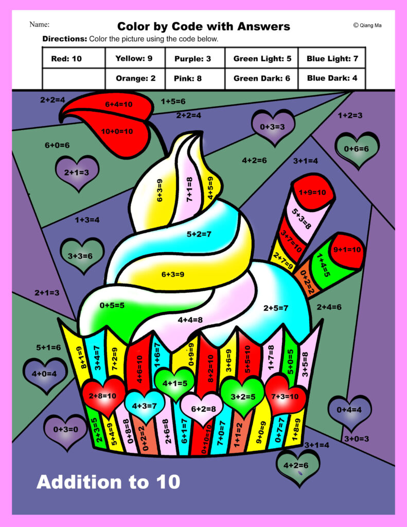 Valentine Color by Code: Add and Subtract within 10: Cupcake | Made By ...