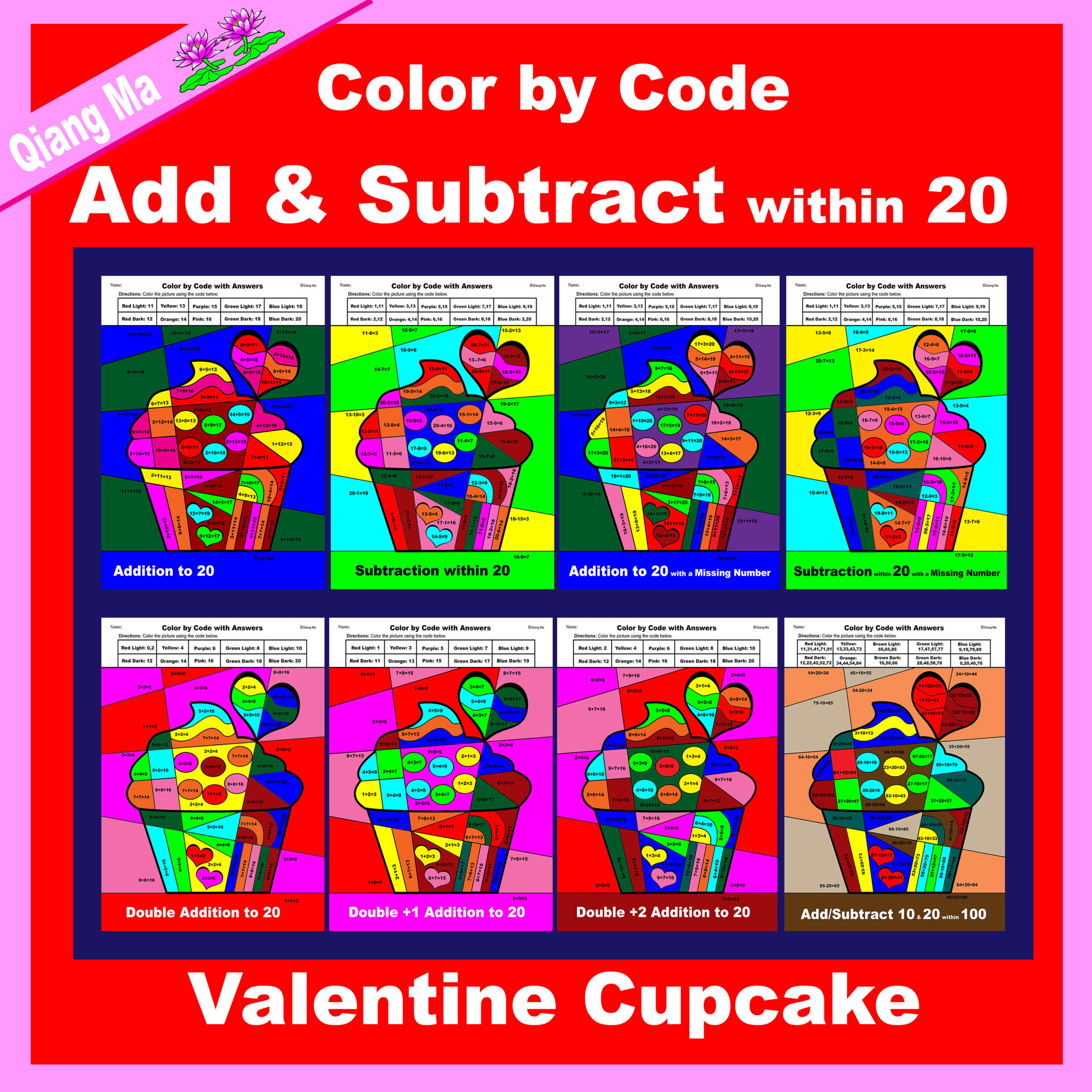 Valentine Color By Code Add And Subtract Within 20 Cupcake Made By