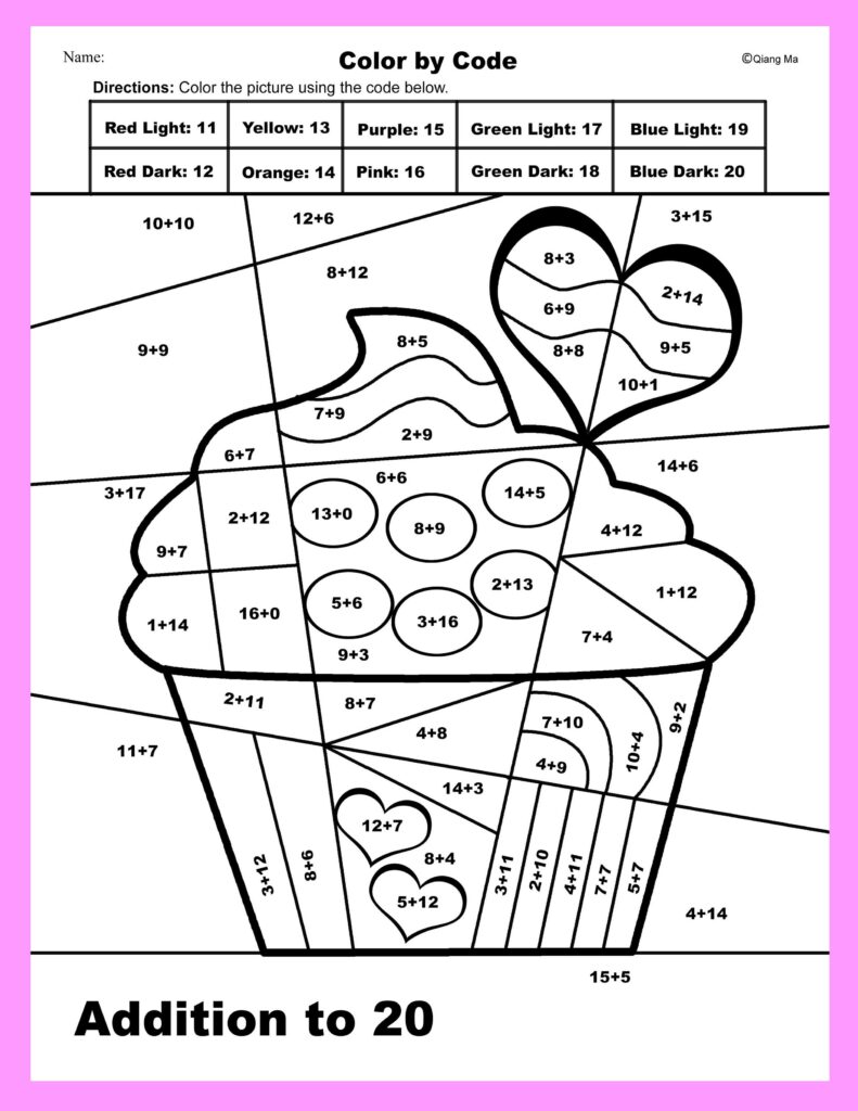 Valentine Color by Code: Add and Subtract within 20: Cupcake | Made By ...