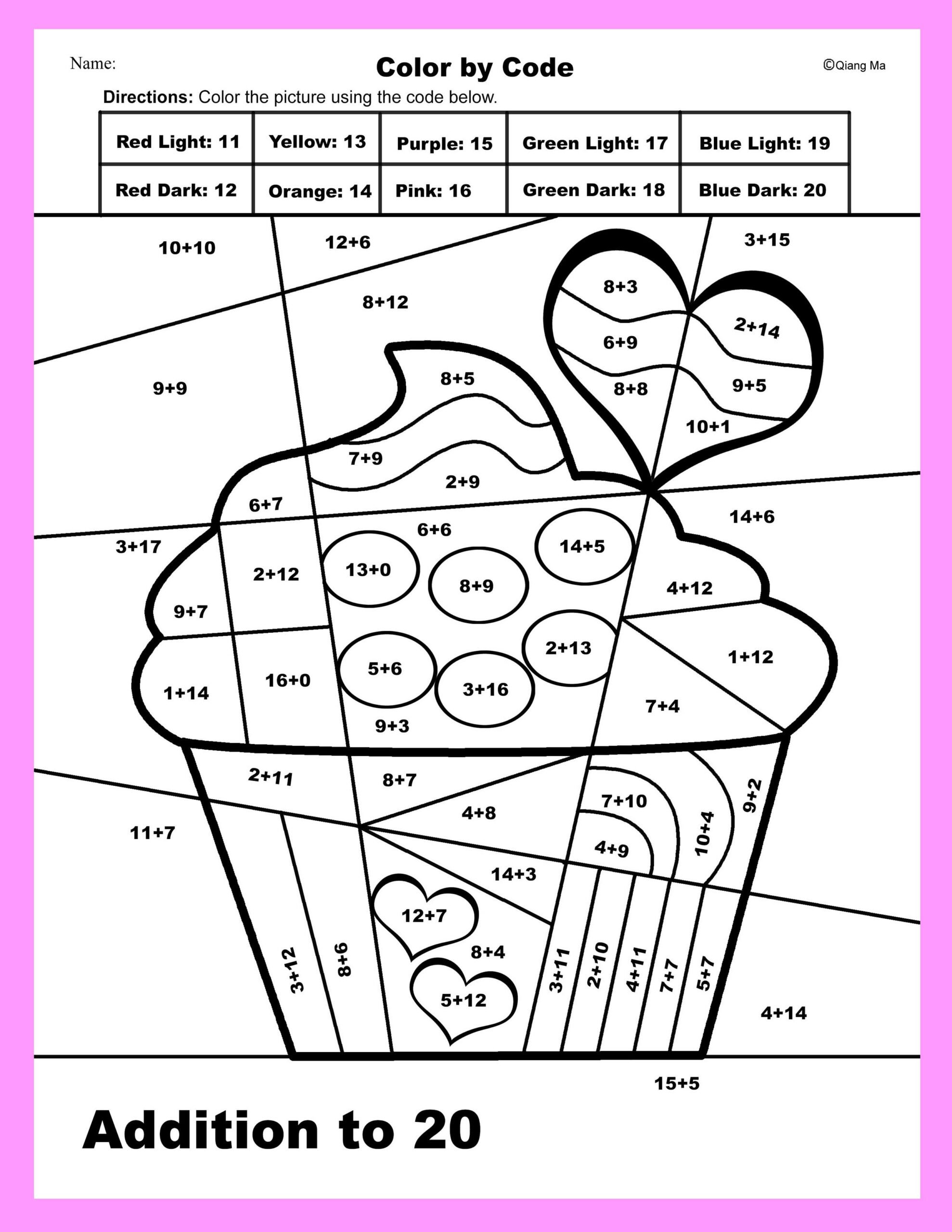 Valentine Color by Code: Add and Subtract within 20: Cupcake | Made By ...