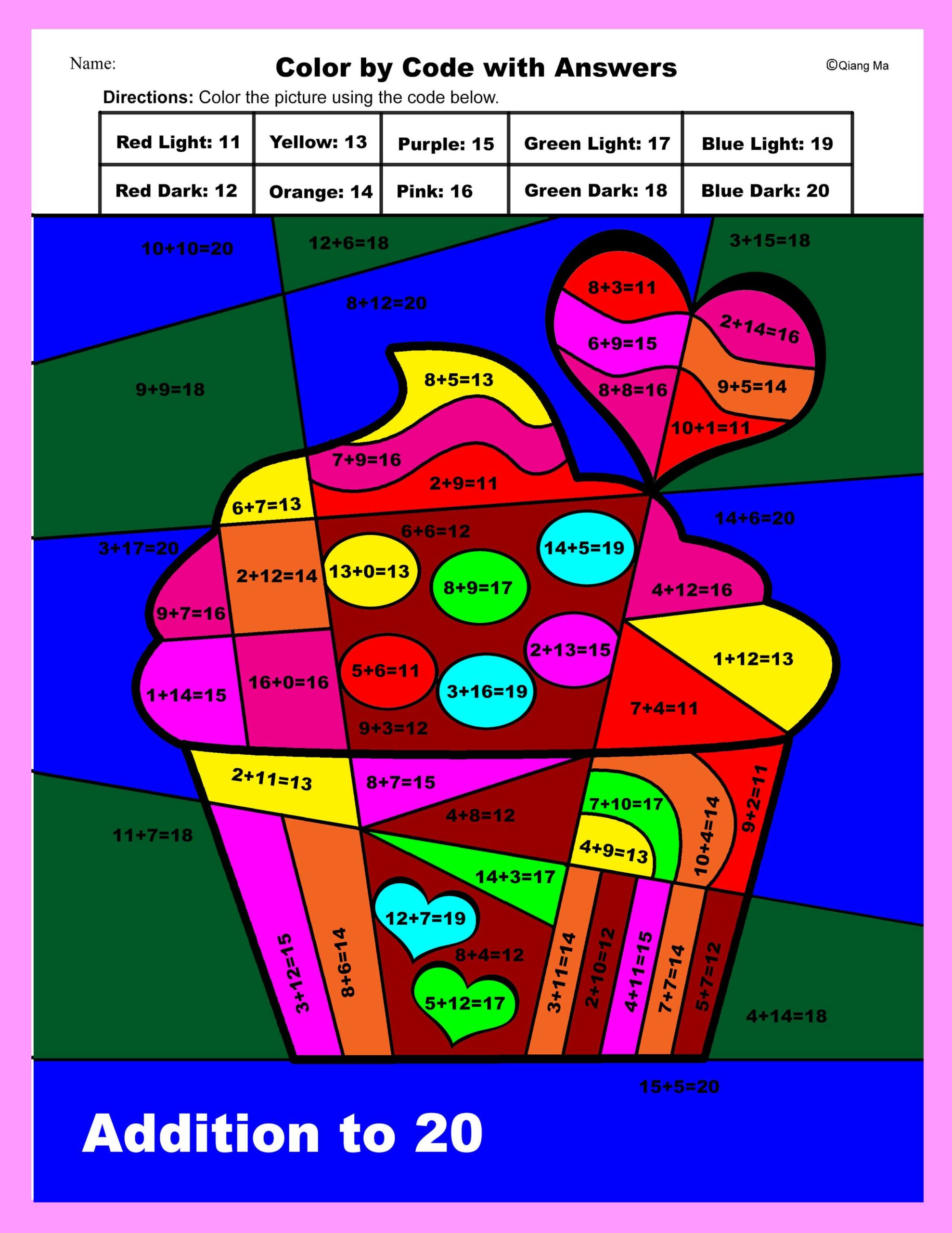 Valentine Color by Code: Add and Subtract within 20: Cupcake | Made By ...