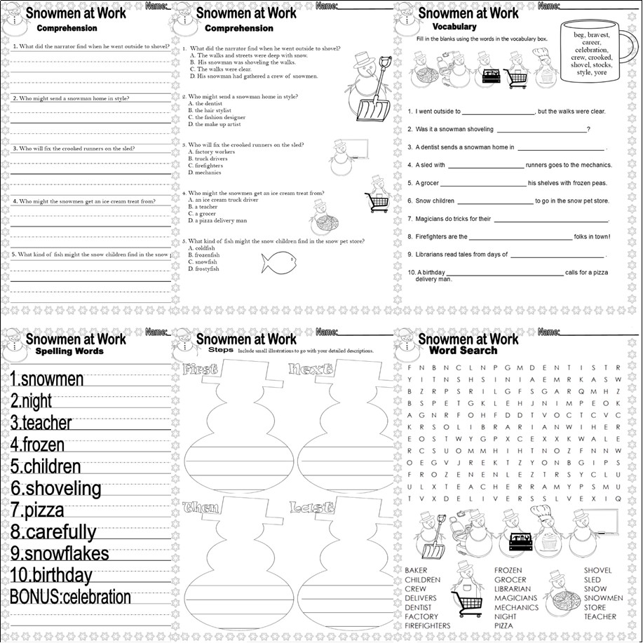 Snowmen At Work Winter Book Study Companion Reading Comprehension ...