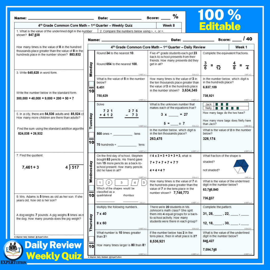 4th Grade Math Spiral Review Worksheets - Quarter 1 | Made By Teachers