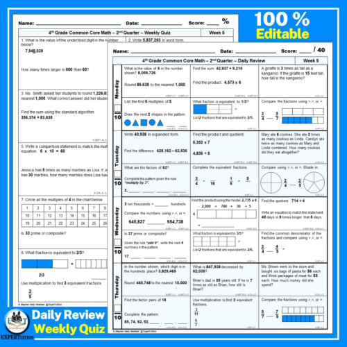 4th Grade Math Spiral Review Worksheets - Quarter 2 - Made By Teachers