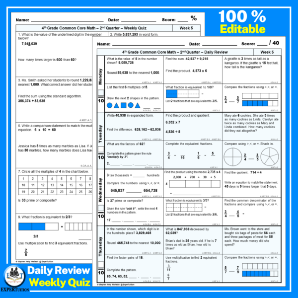 4th Grade Math Spiral Review Worksheets - Quarter 2 - Made By Teachers