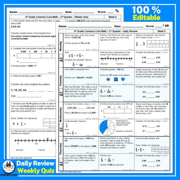 4th Grade Math Spiral Review Worksheets - Quarter 3 | Made By Teachers