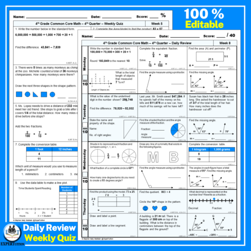 4th Grade Math Spiral Review Worksheets - Entire Year | Made By Teachers
