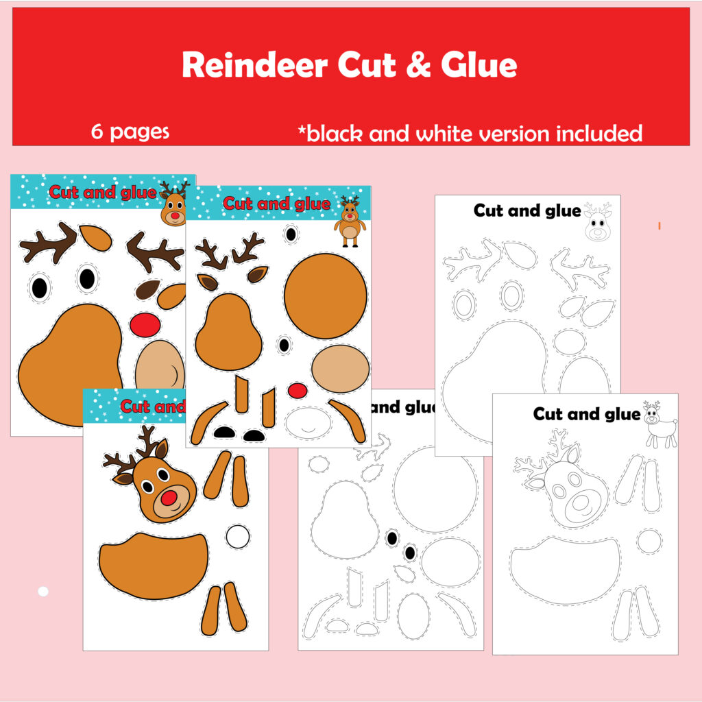 Printable Reindeer Cut and Paste, Holiday Paper Christmas Crafts ...