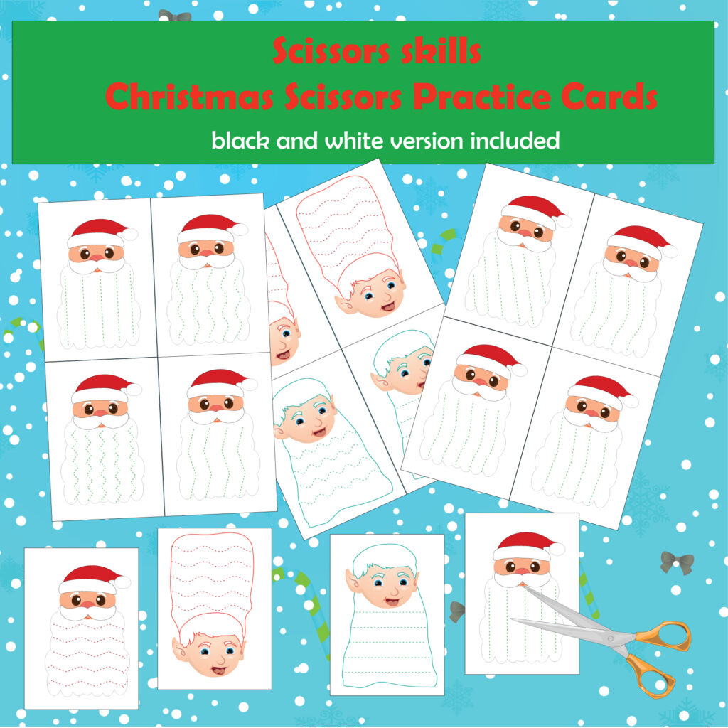 Scissors Skills Christmas Scissors Practice Cards, Santa's beard, Elves ...