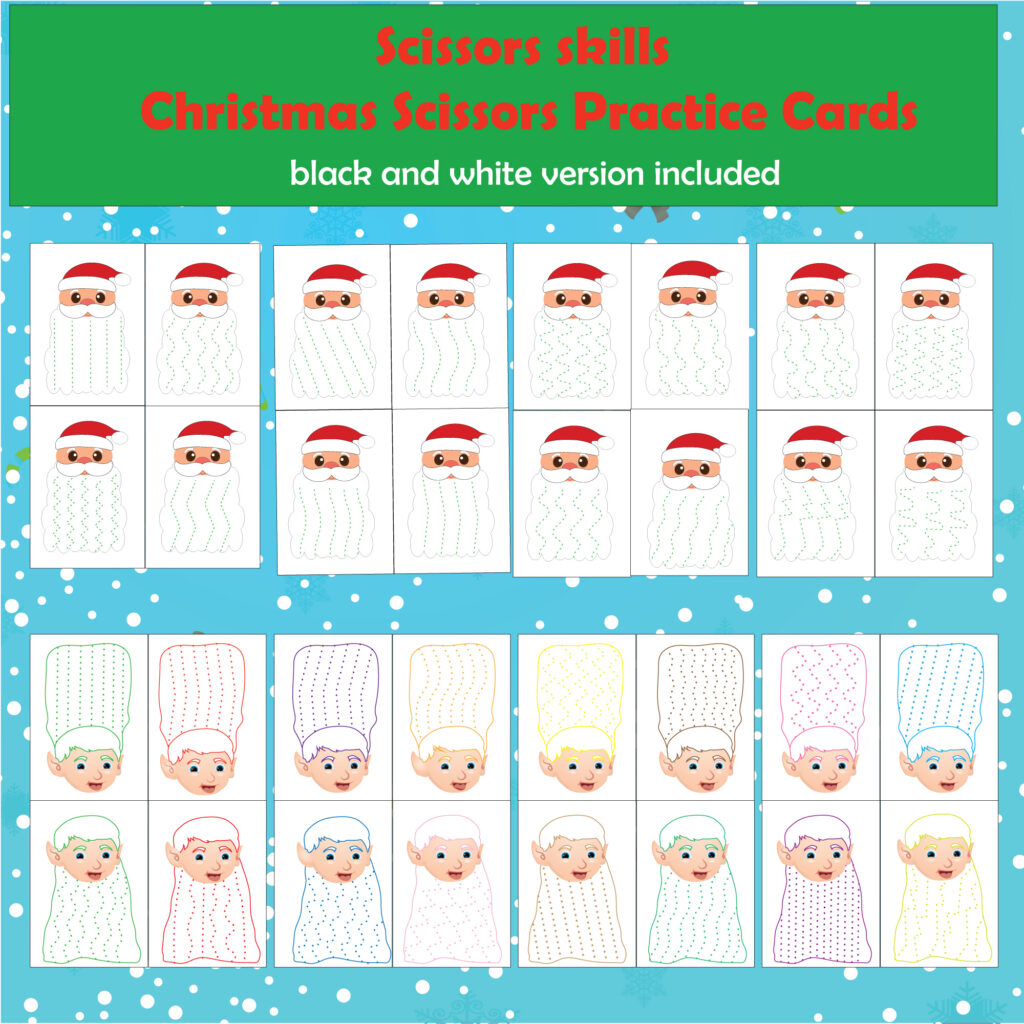Scissors Skills Christmas Scissors Practice Cards, Santa's beard, Elves ...