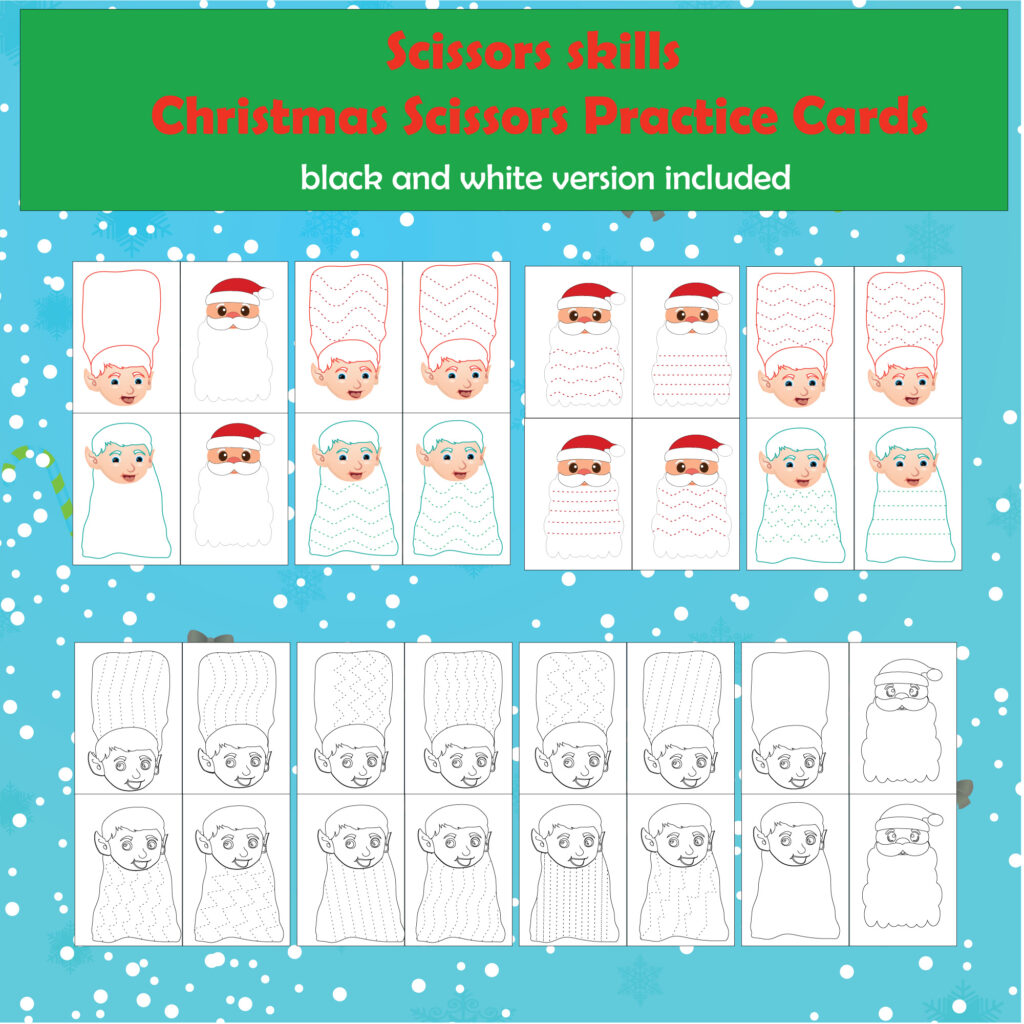 Scissors Skills Christmas Scissors Practice Cards, Santa's beard, Elves ...